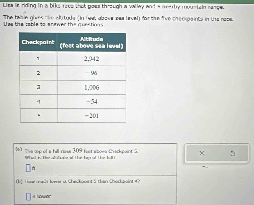 Solved: Lisa is riding in a bike race that goes through a valley and a ...