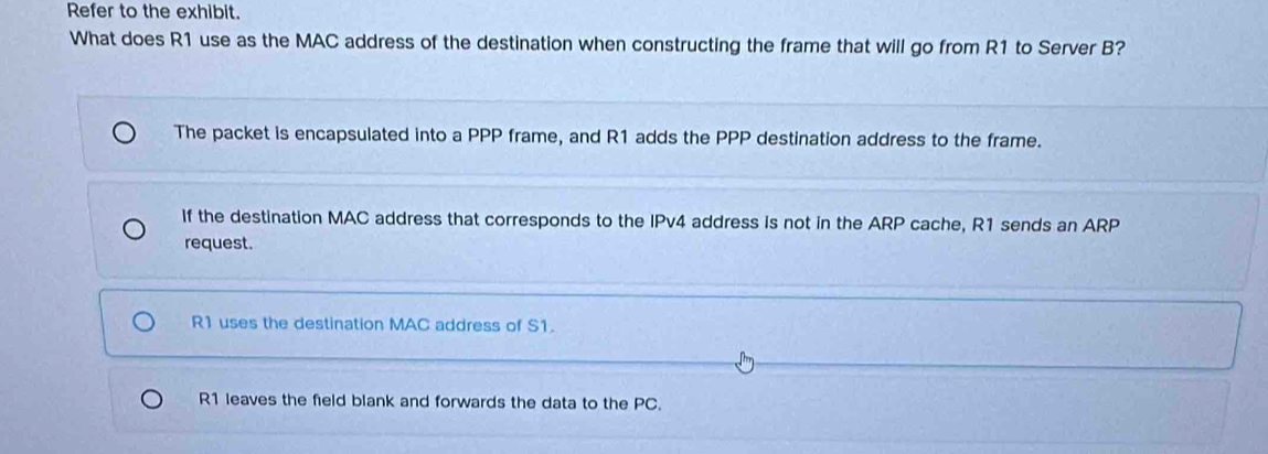 Solved: Refer to the exhibit. What does R1 use as the MAC address of ...
