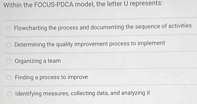 Solved: Within the FOCUS-PDCA model, the letter U represents ...