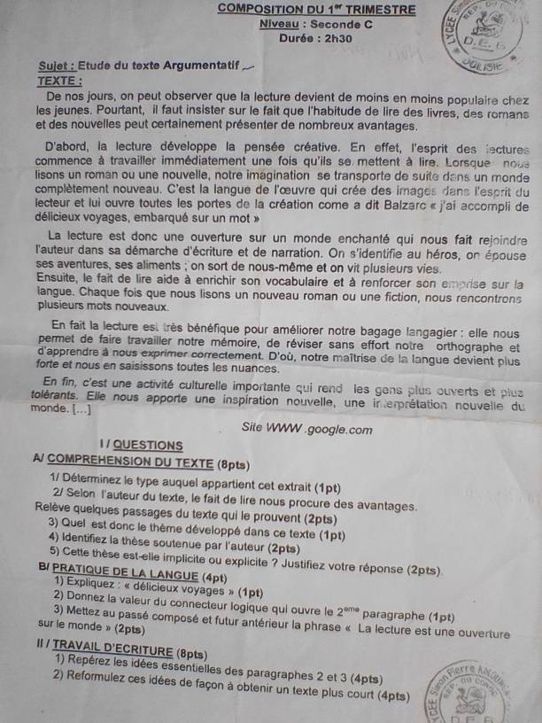Solved: COMPOSITION DU 1^(er) TRIMESTRE Niveau : Seconde C Durée : 2h30 ...
