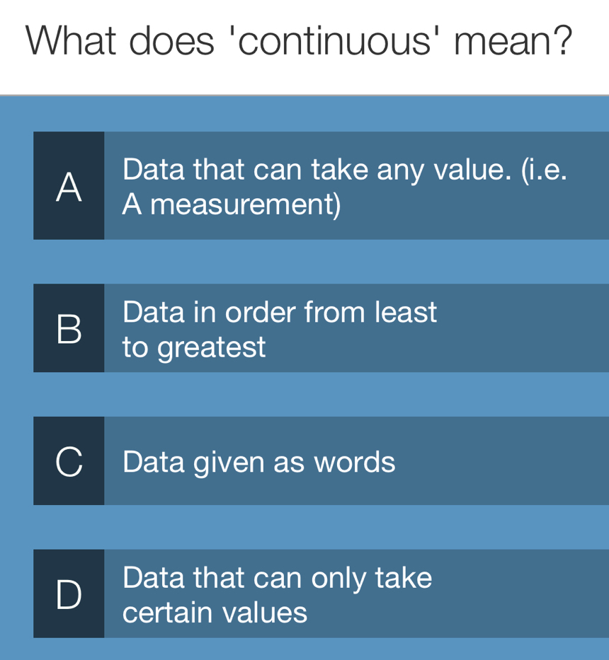 Solved: What does 'continuous' mean? Data that can take any value. (i.e ...