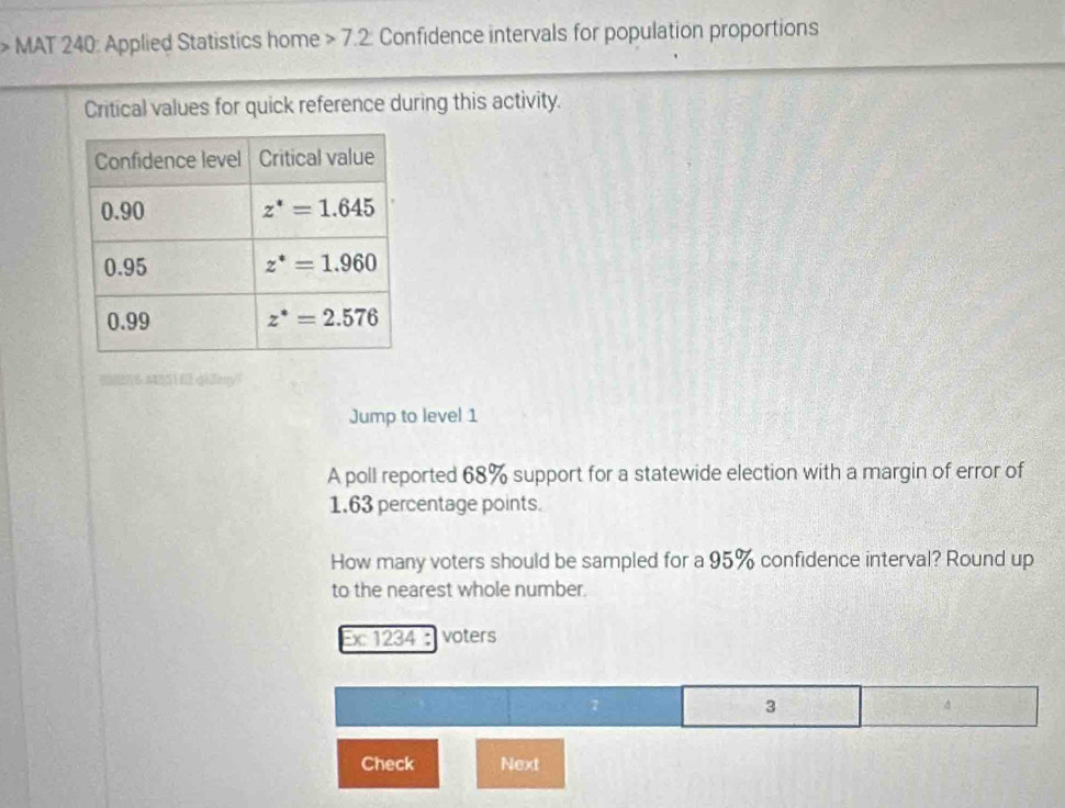Solved: > MAT 240: Applied Statistics home > 7.2: Confidence intervals ...