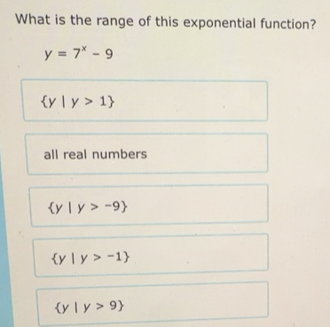 Solved: What is the range of this exponential function? y=7^x-9 y|y>1 ...