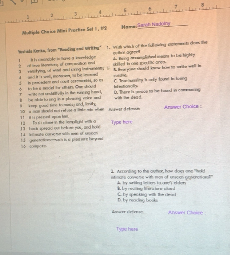 Solved: 1 2 3 4 5 6 7 8 Multiple Choice Mini Practice Set 1, #2 Name ...