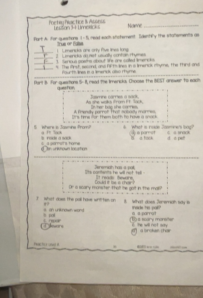 Solved: Poetry Practice & Assess Lesson 3-1: Limericks Name_ Part A ...