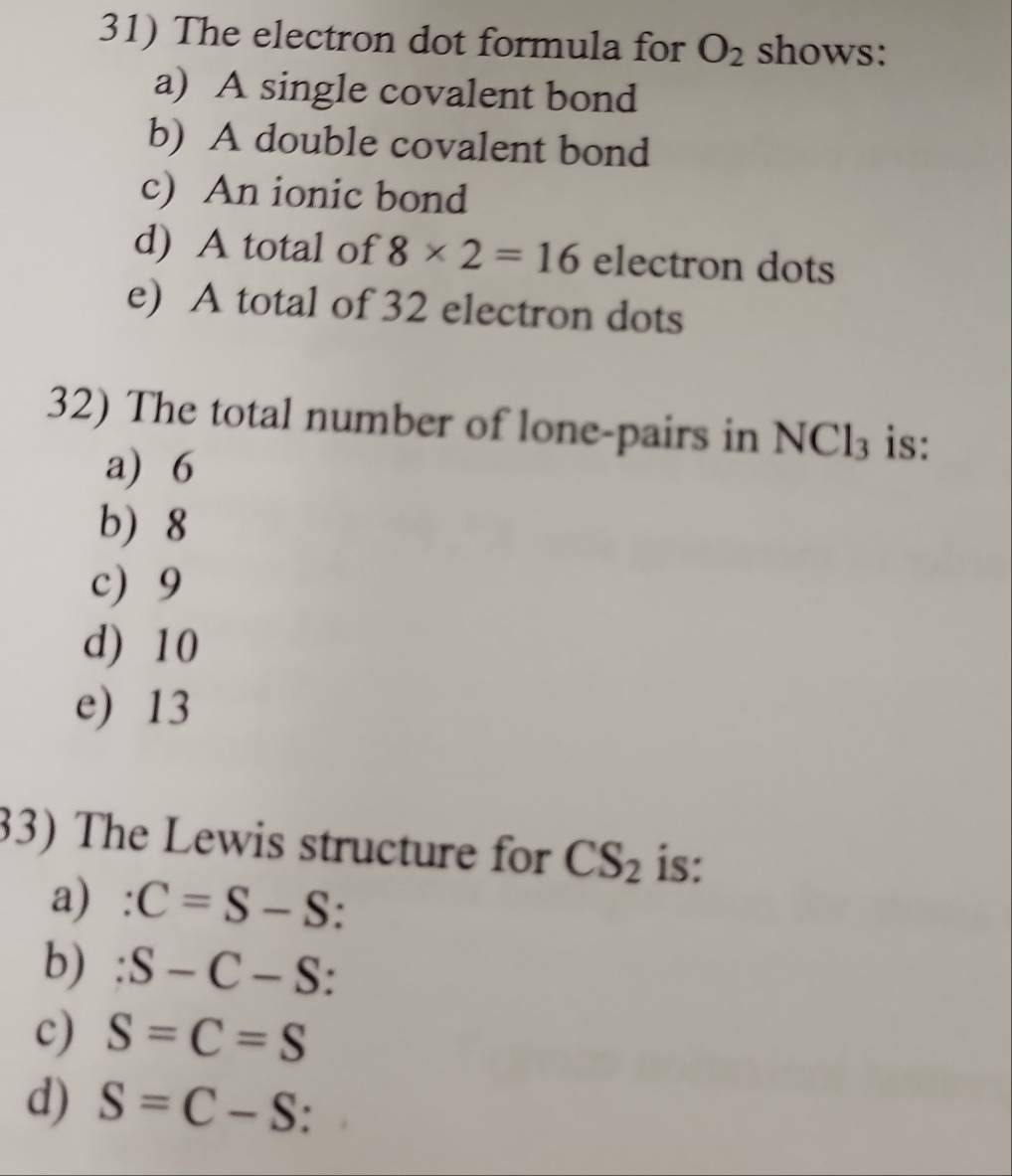 Solved: The electron dot formula for O_2 shows: a) A single covalent ...