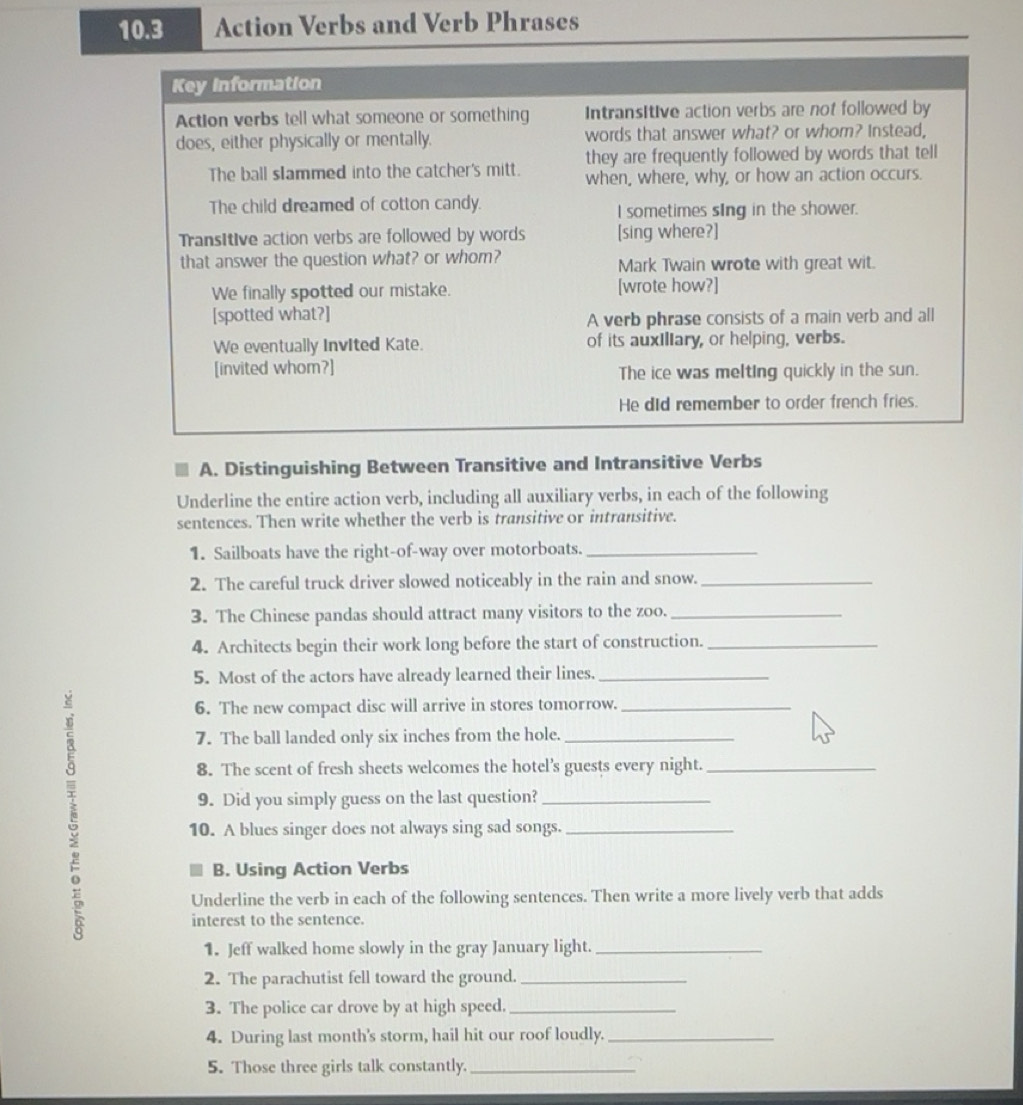 Solved: 10.3 Action Verbs and Verb Phrases Key Information Action verbs ...