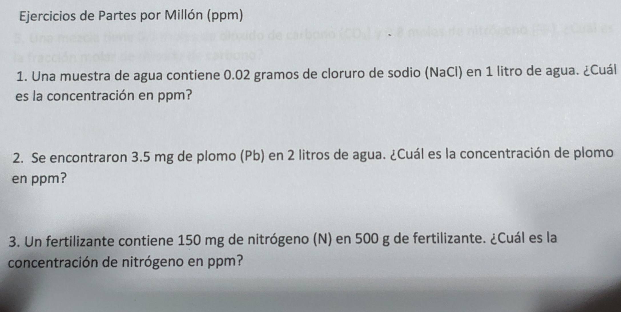Resuelto:Ejercicios de Partes por Millón (ppm) 1. Una muestra de agua ...