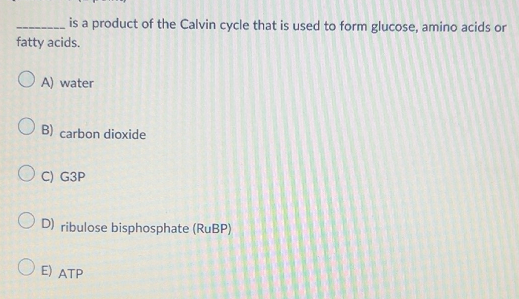 Solved: is a product of the Calvin cycle that is used to form glucose ...