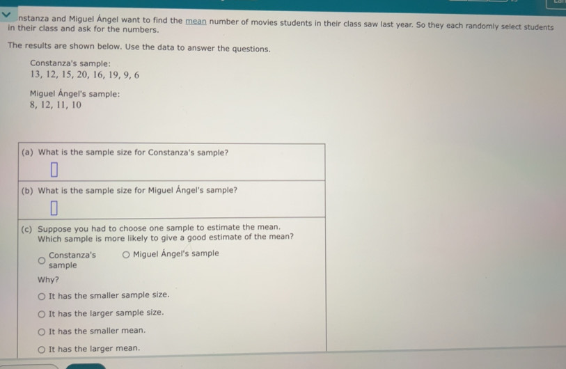 Resuelto:nstanza and Miguel Ángel want to find the mean number of ...