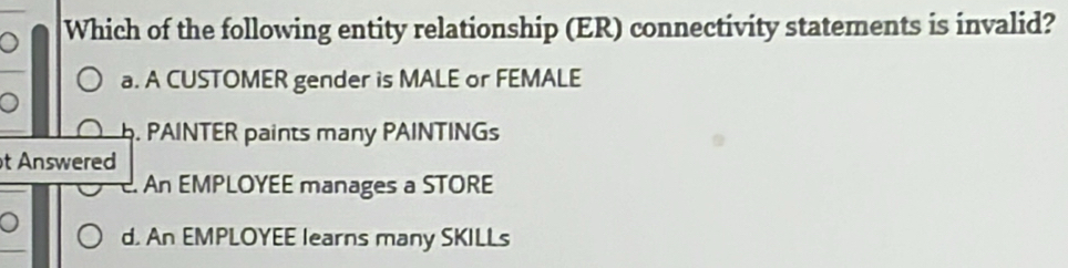 Solved: Which of the following entity relationship (ER) connectivity ...