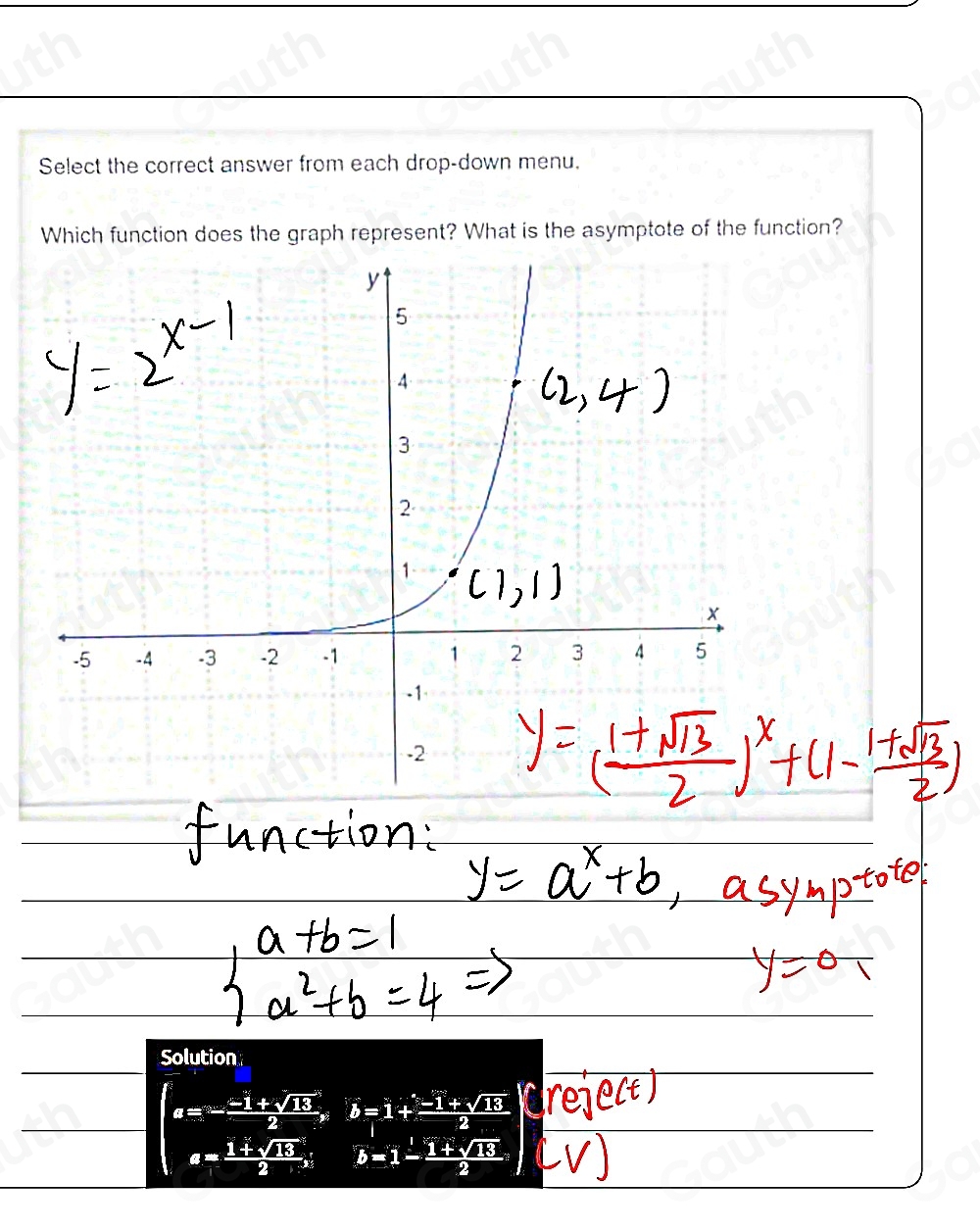 Solved: Select the correct answer from each drop-down menu. Which function does the graph ...