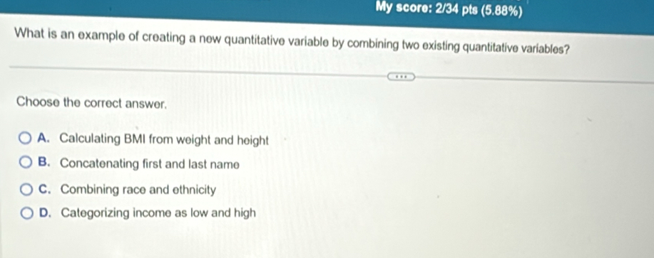Solved: My score: 2/34 pts (5.88%) What is an example of creating a new ...