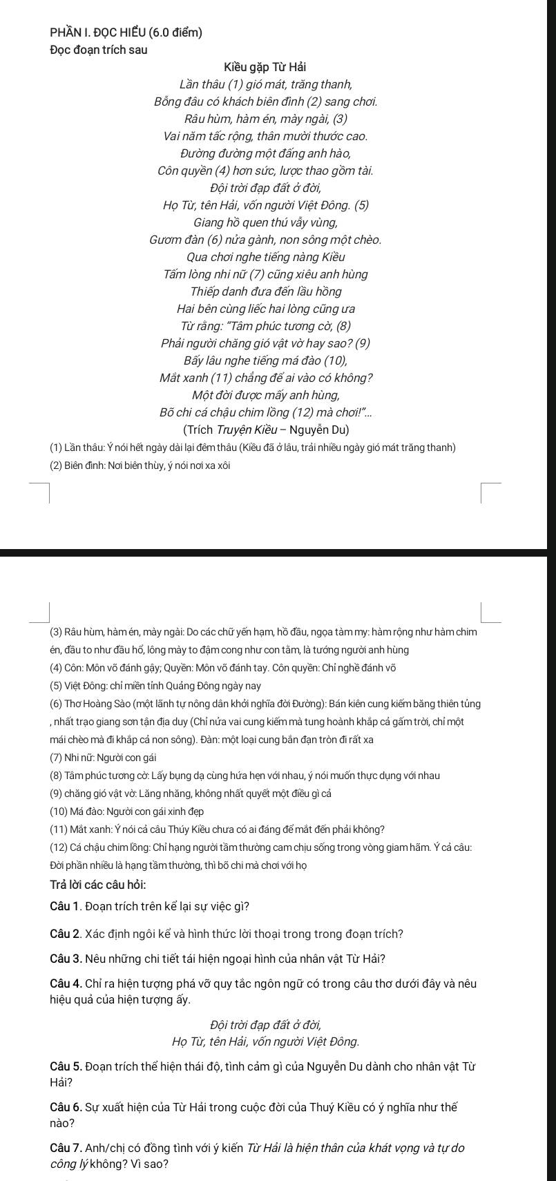 Giải quyết:PHÀN I. ĐỌC HIẾU (6.0 điểm) Đọc đoạn trích sau Kiều gặp Từ ...