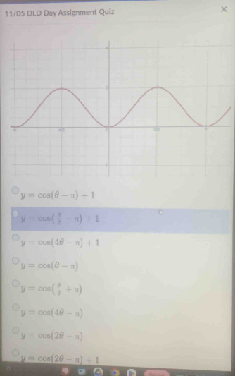 Solved: 11/05 DLD Day Assignment Quiz y=cos (θ -π )+1 y=cos ( θ /2 -π ...