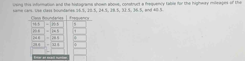 Solved: Using this information and the histograms shown above, construct a frequency table for ...