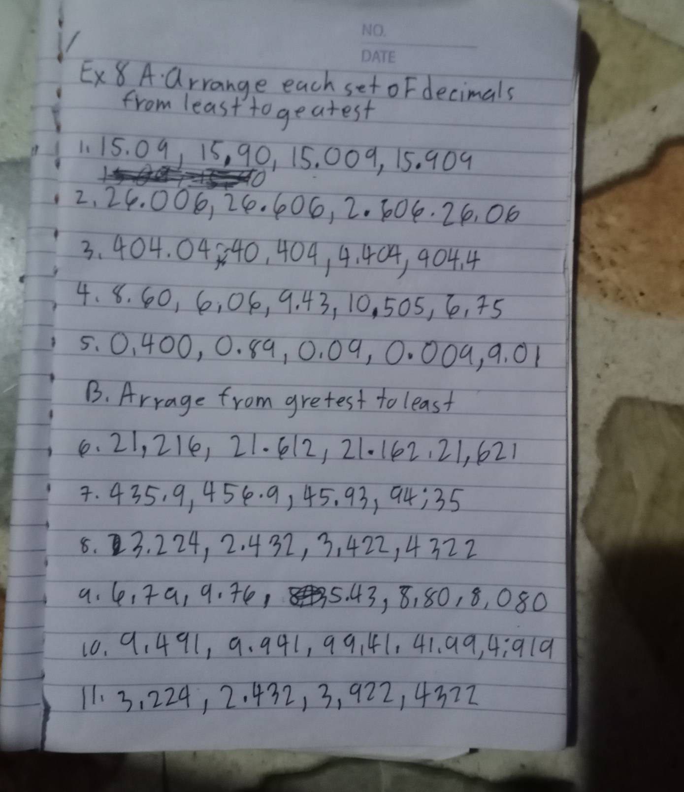 Solved: Ex8A. arrange each set oF decimals from least to geatest 1. 15 ...