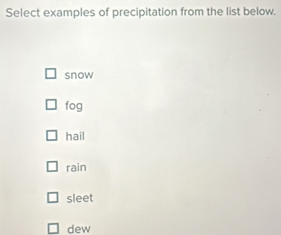 Solved: Select examples of precipitation from the list below. snow fog ...