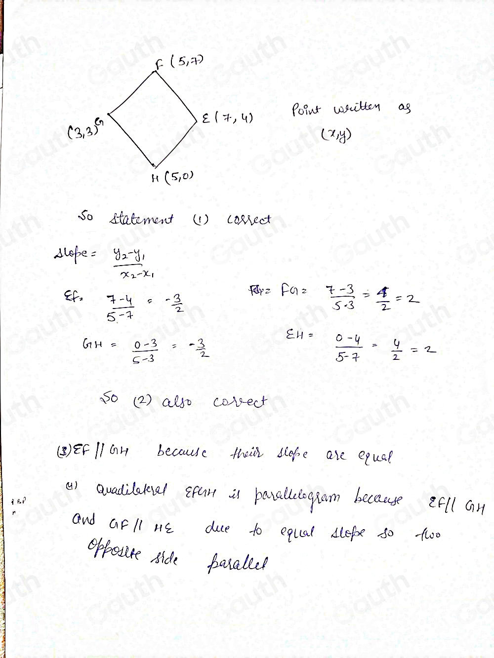 Solved: Given： Quadrilateral EFGH has vertices at E(7,4), F(5,7), G(3,3) , and H(5,0). Prove ...