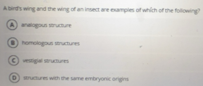 Solved: A bird's wing and the wing of an insect are examples of which ...