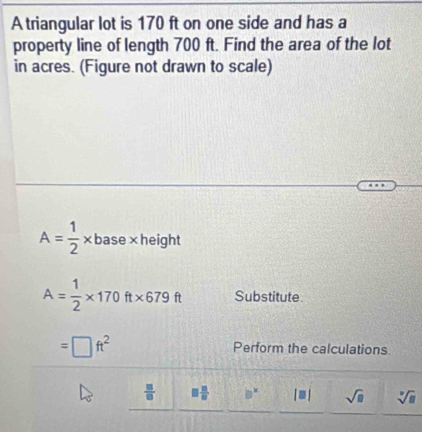 Solved: A triangular lot is 170 ft on one side and has a property line ...