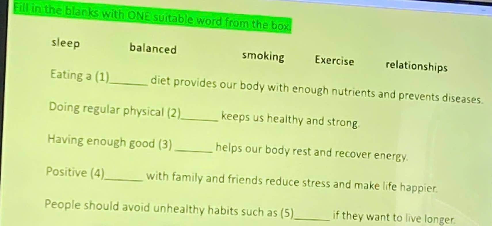 Giải quyết:Fill in the blanks with ONE suitable word from the box sleep ...