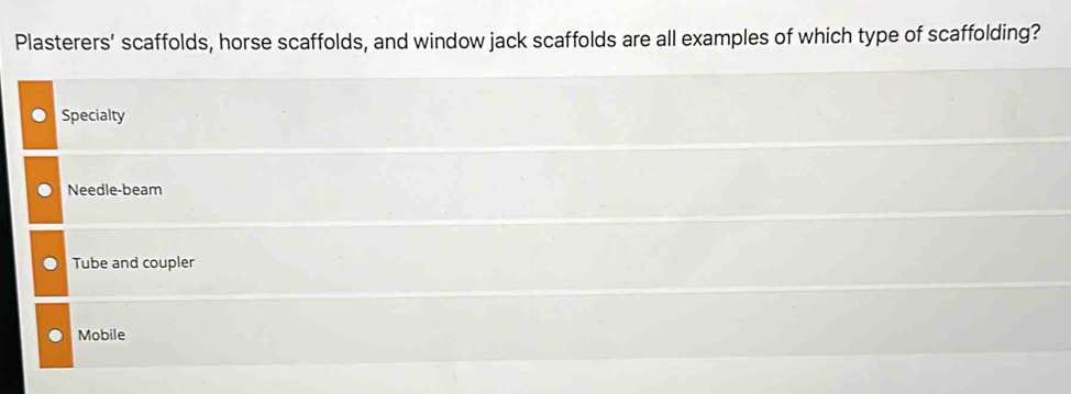 Solved: Plasterers' scaffolds, horse scaffolds, and window jack ...