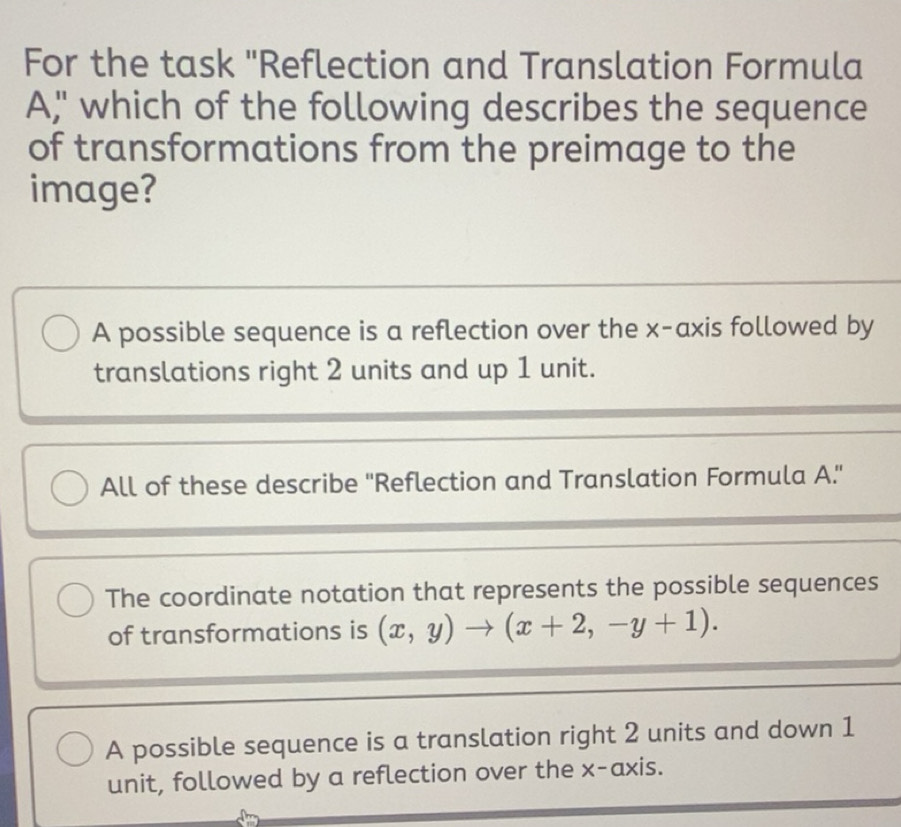 Solved: For the task "Reflection and Translation Formula A," which of ...
