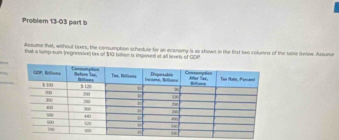 Solved: Problem 13-03 part b Assume that, without taxes, the consumption schedule for an economy ...
