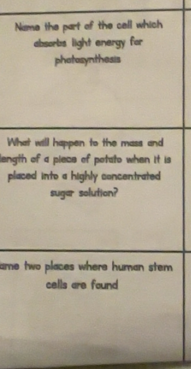 Solved: Name the part of the cell which absorbs light energy for ...