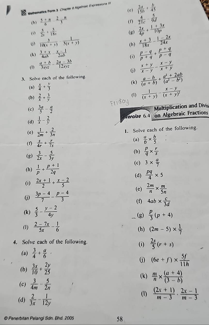 Selesai: 2a/15b + b/45 Methematica Form 3 Chapter 6 Algebraic ...