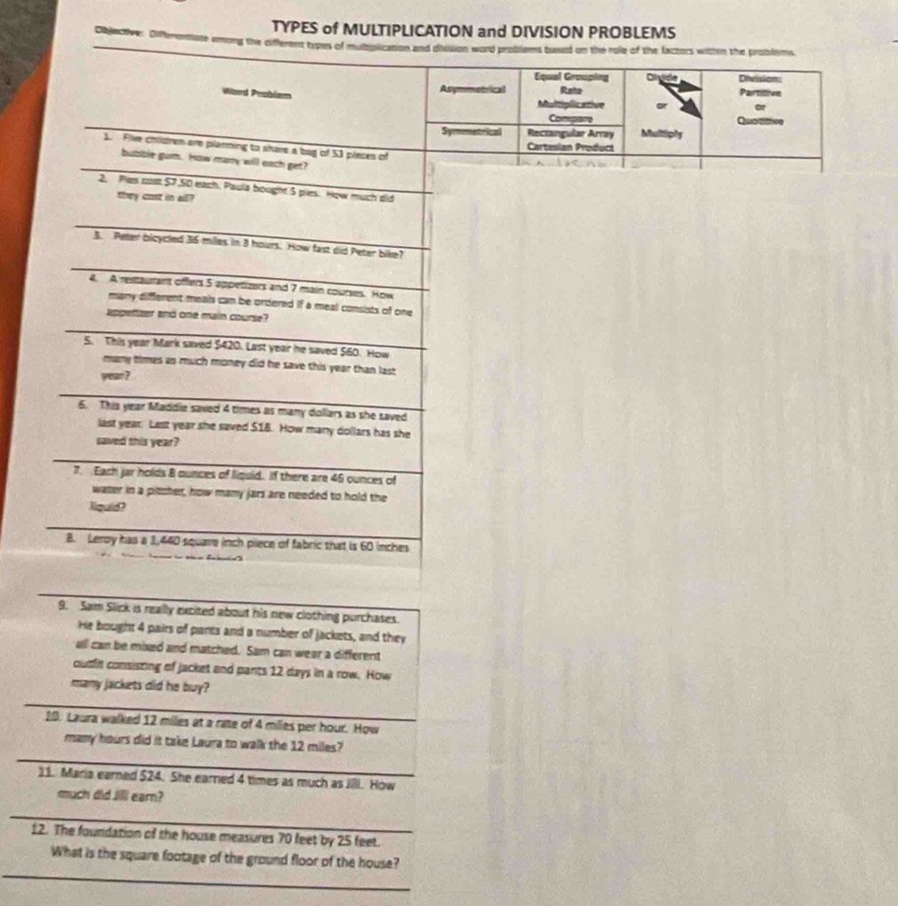 Solved: TYPES of MULTIPLICATION and DIVISION PROBLEMS Ob jnc v e Dm g ...