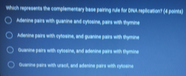 Solved: Which represents the complementary base pairing rule for DNA ...