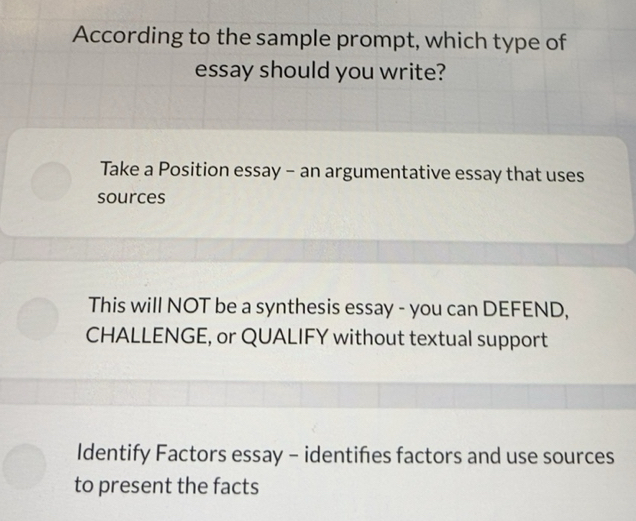 Solved: According to the sample prompt, which type of essay should you ...