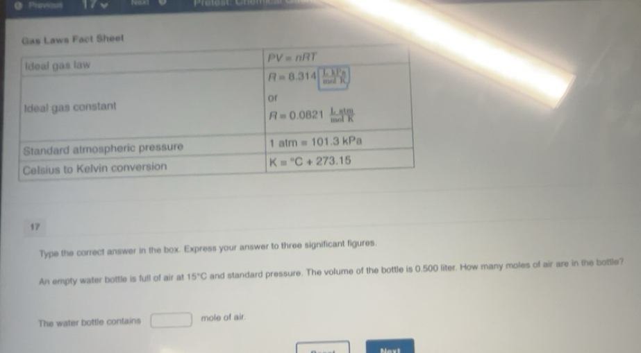 Solved: Previous Gas Laws Fact Sheet PV=nRT ideal gas law R=8.314[ LkPa ...