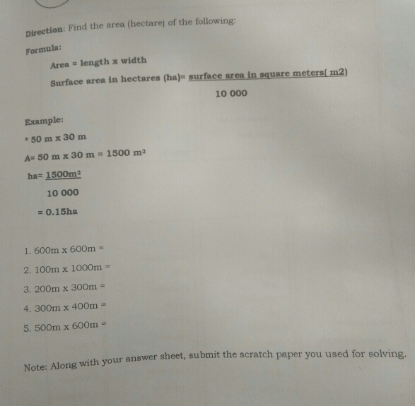 Solved: Direction: Find the area (hectare) of the following Formula ...