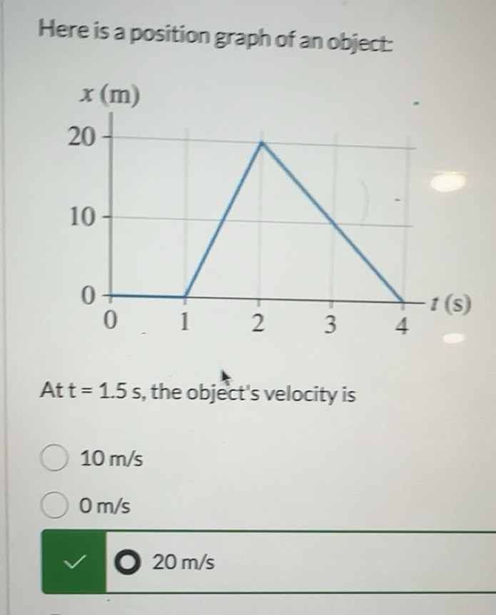 Solved: Here is a position graph of an object: At t=1.5s , the object's ...