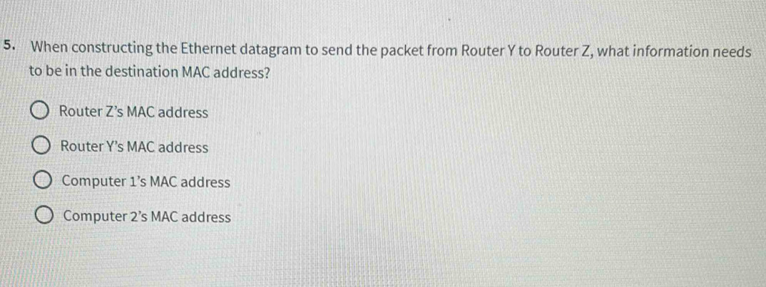 Solved: When constructing the Ethernet datagram to send the packet from Router Y to Router Z ...