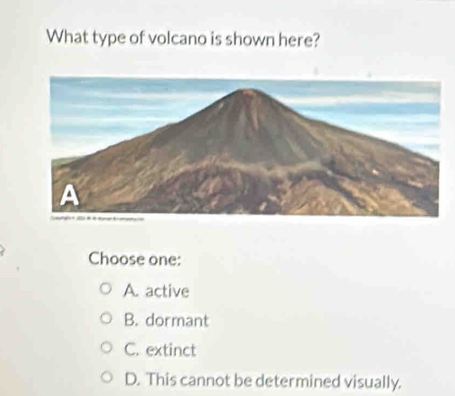 Solved: What type of volcano is shown here? Choose one: A. active B ...