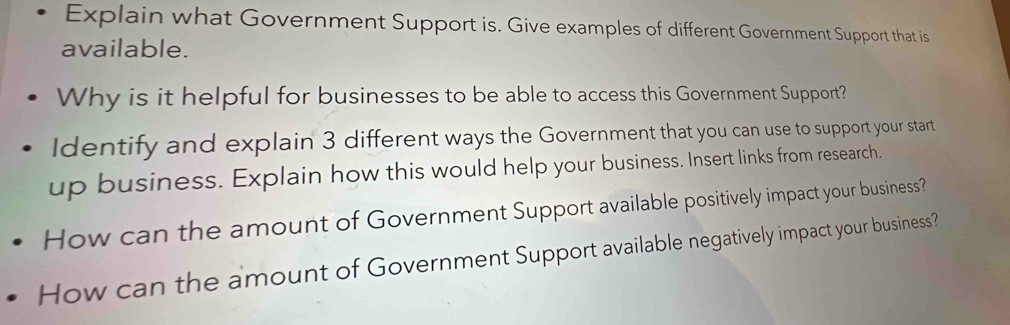 Solved: Explain what Government Support is. Give examples of different ...