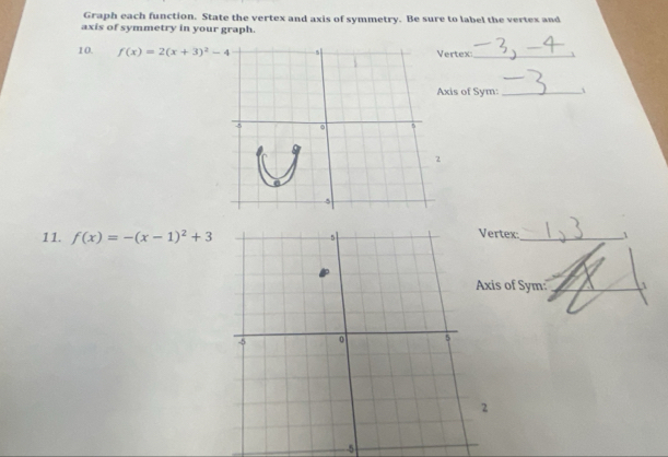 Solved: Graph each function. State the vertex and axis of symmetry. Be ...