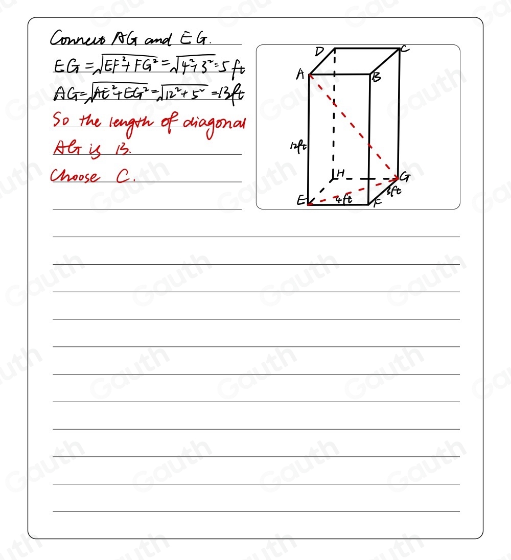 Solved: In the right rectangular prism shown, what is the length, in feet (ft), of diagonal AG ...