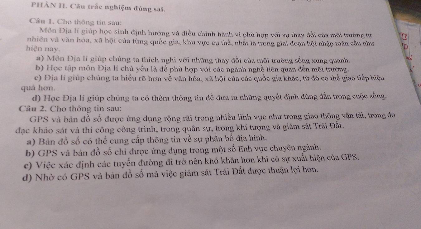 Giải quyết:PHÀN H. Câu trắc nghiệm đúng sai. Câu 1. Cho thông tin sau ...