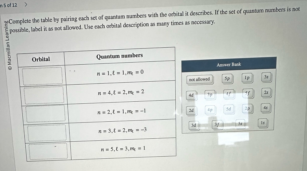 Solved: of 12 ≌Complete the table by pairing each set of quantum ...