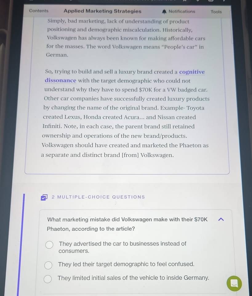 Solved: Contents Applied Marketing Strategies Notifications Tools ...
