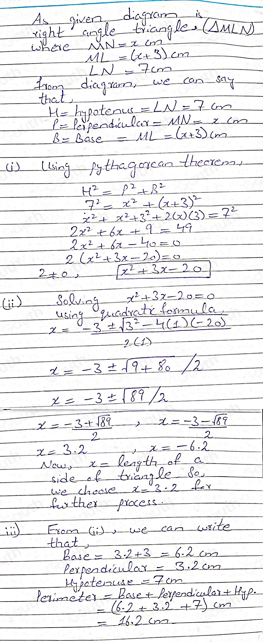Solved: In the diagram, Lwidehat MN=90°,MN=xcm, ML=(x+3)cm and LN=7cm ...