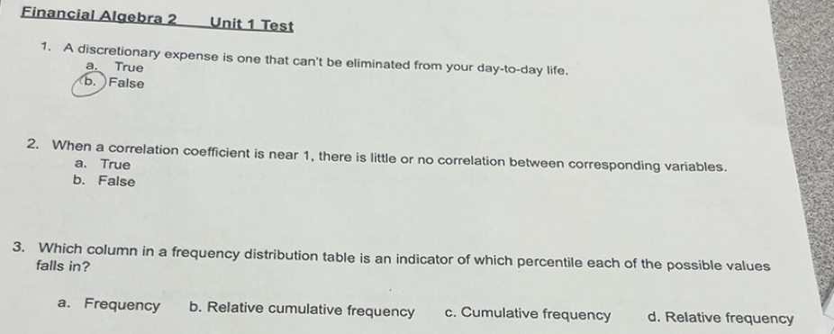 Solved: Financial Algebra 2 Unit 1 Test 1. A discretionary expense is ...