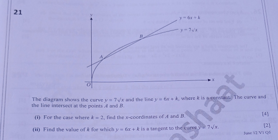 Solved: The diagram shows the curve y=7sqrt(x) and the line y=6x+k ...