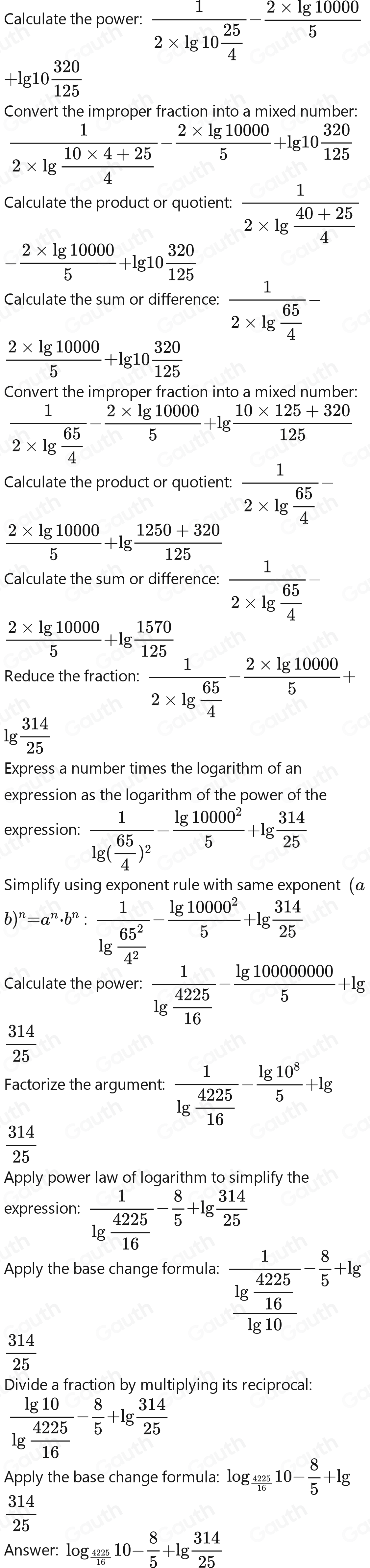 Solved: 1/2log 10 25/4 -2log 10^4/5+log 10 320/125 [Math]