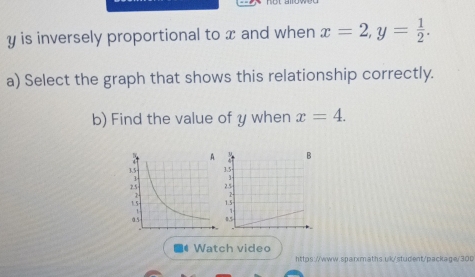 Solved: y is inversely proportional to x and when x=2, y= 1/2 . a ...